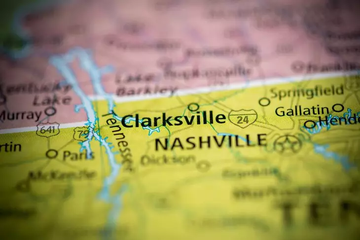 Clarksville आणि Nashville च्या नकाशाचे क्लोज अप.