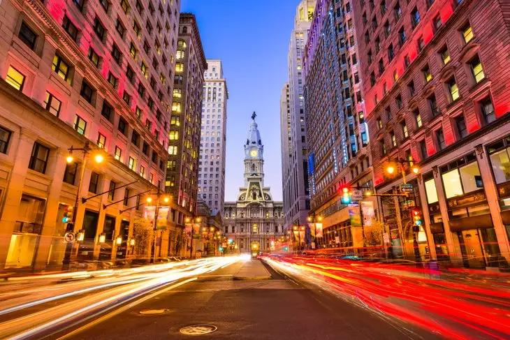 Philadelphia, downtown night rush hour.