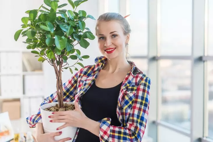 Mujer con planta en casa