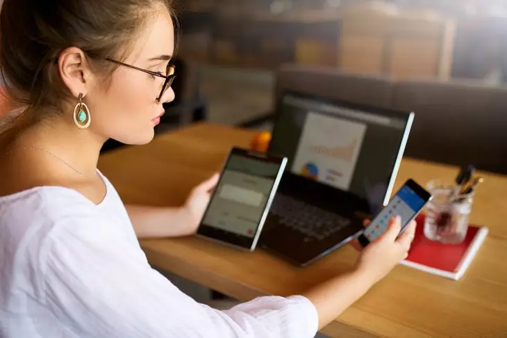 Uma jovem de óculos trabalha em uma mesa com um smartphone, tablet e laptop